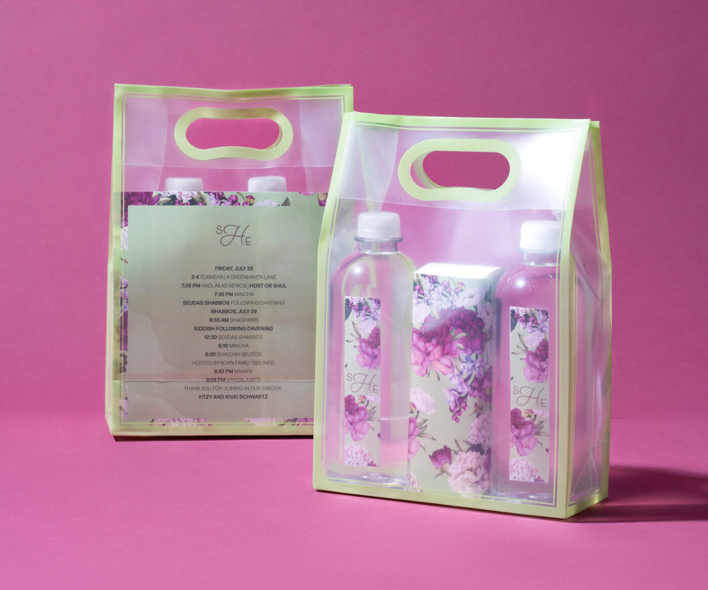 Inexpensive Welcome Bags with Floral Wrap & Custom Graphics